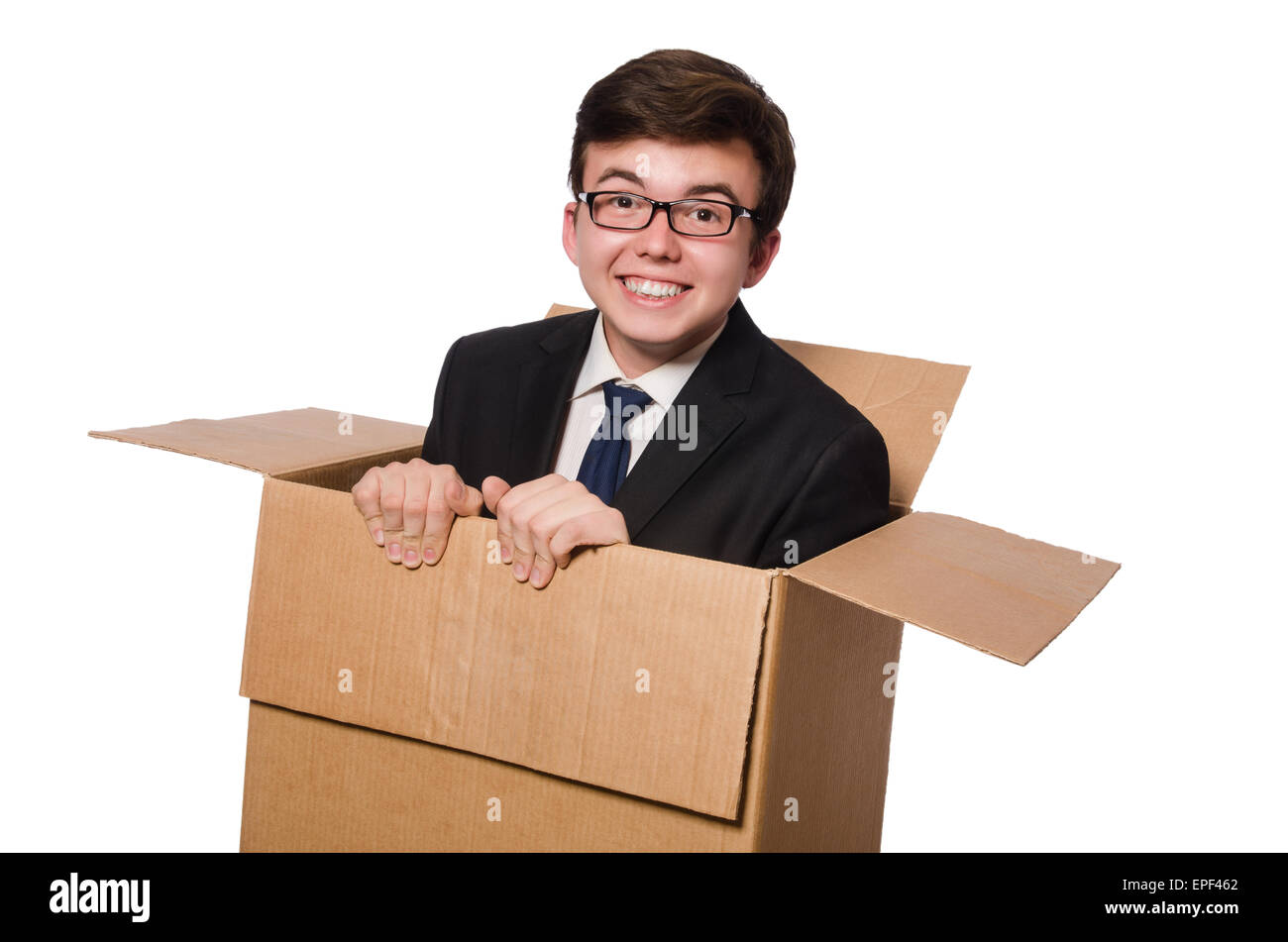 Funny man with boxes isolated on white Stock Photo - Alamy