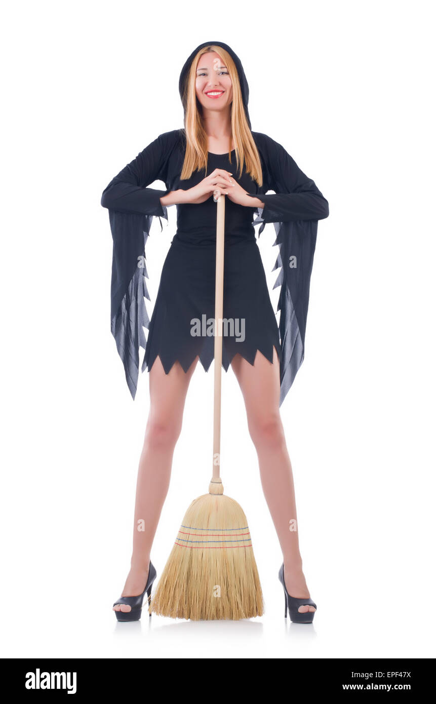 Woman with broom on white Stock Photo - Alamy