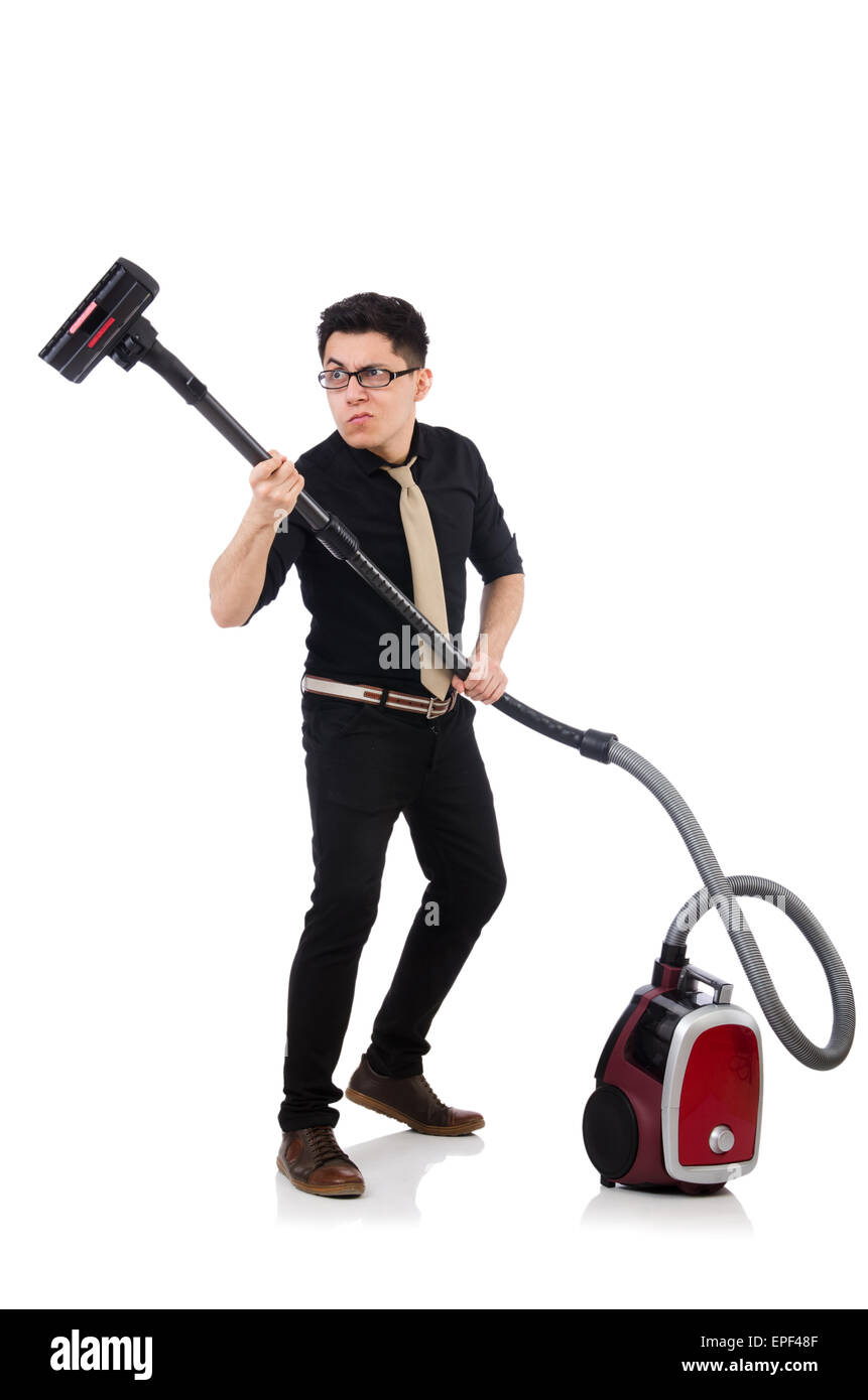 Man with vacuum cleaner isolated on white Stock Photo - Alamy