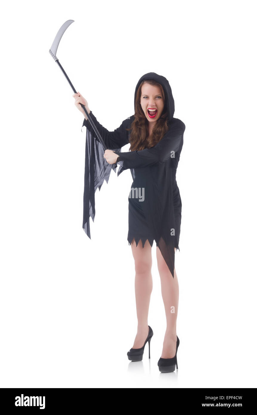 Woman in halloween concept with scythe Stock Photo - Alamy