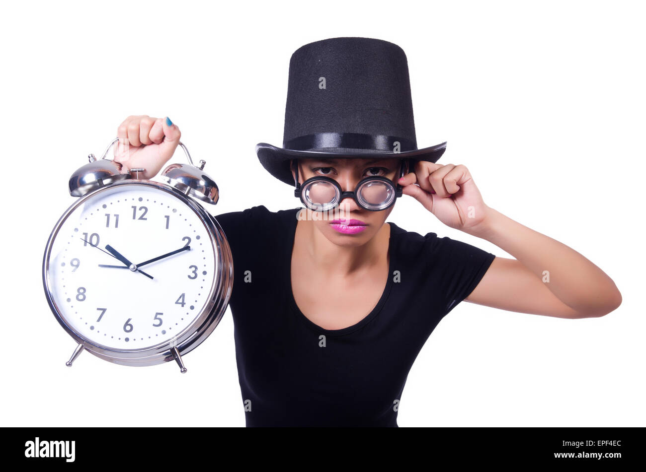 Young woman with clock isolated on white Stock Photo - Alamy