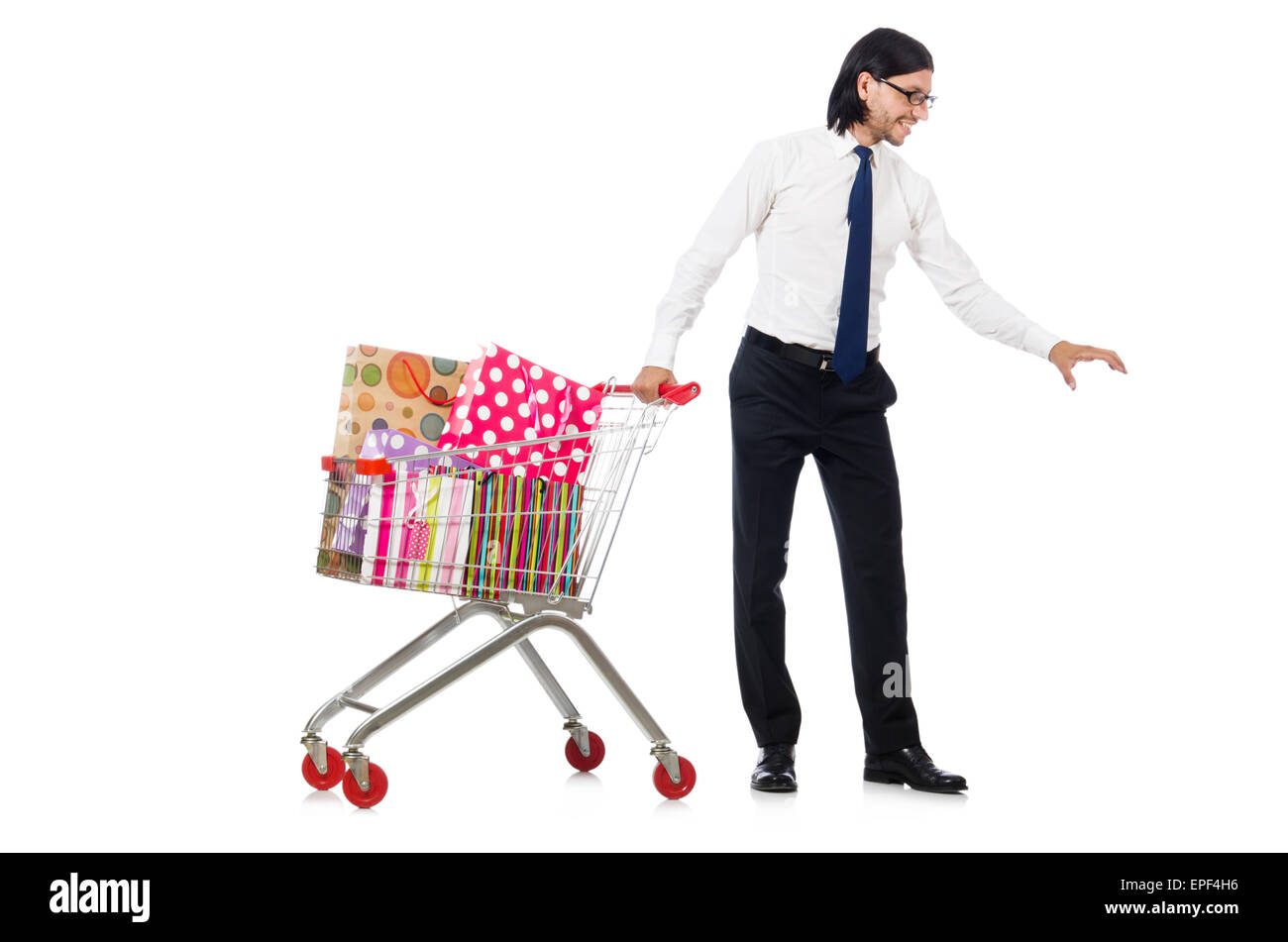Man shopping with supermarket basket cart isolated on white Stock Photo ...