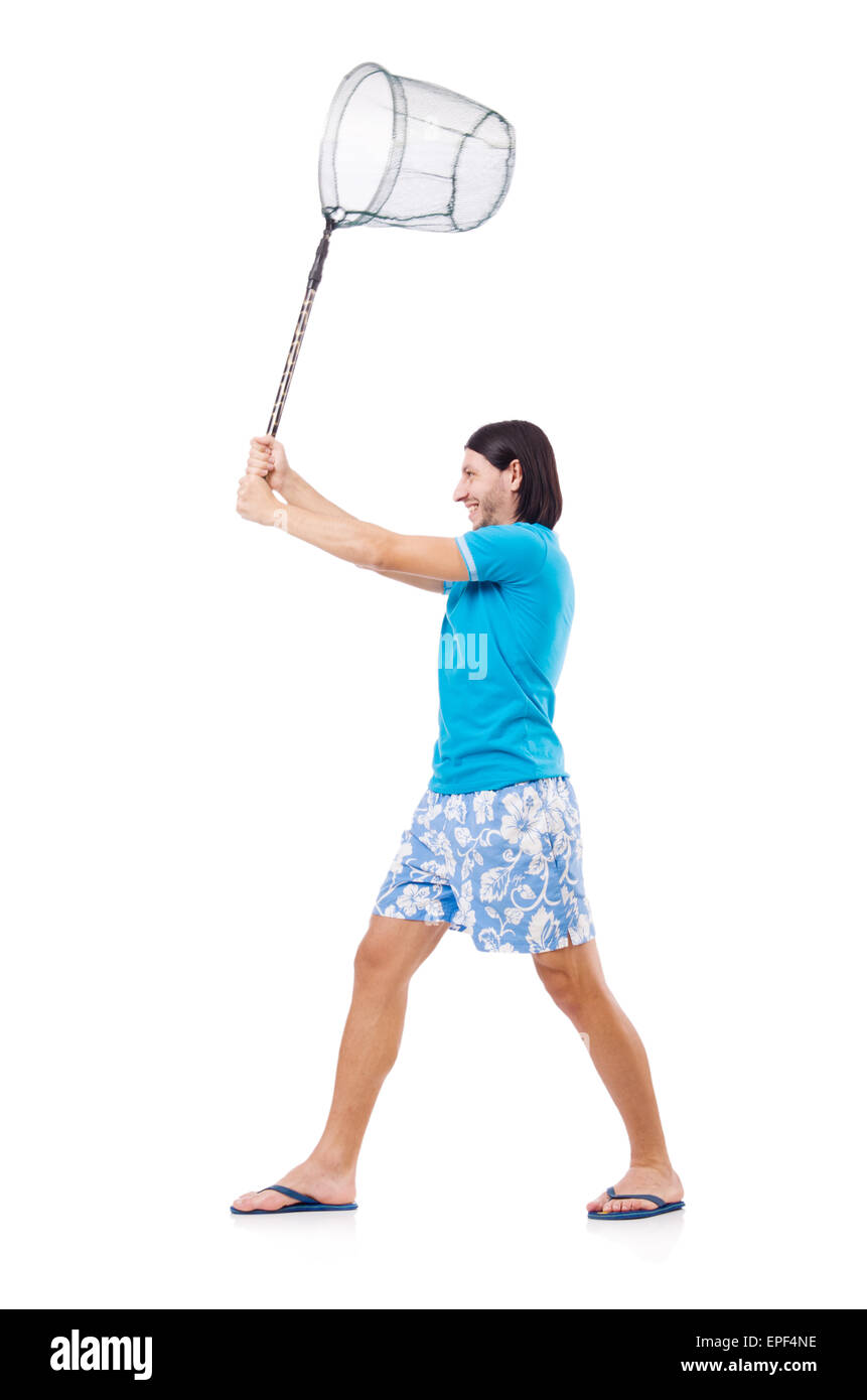 Funny guy with empty butterfly net Stock Photo - Alamy