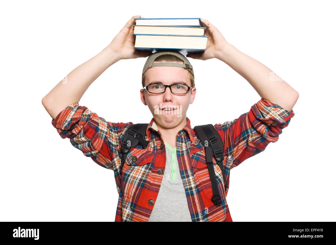 Funny student with stack of books Stock Photo - Alamy