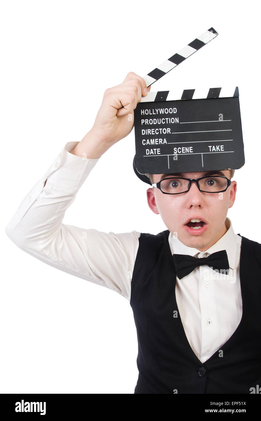 Funny man with movie clapper clapboard Stock Photo - Alamy