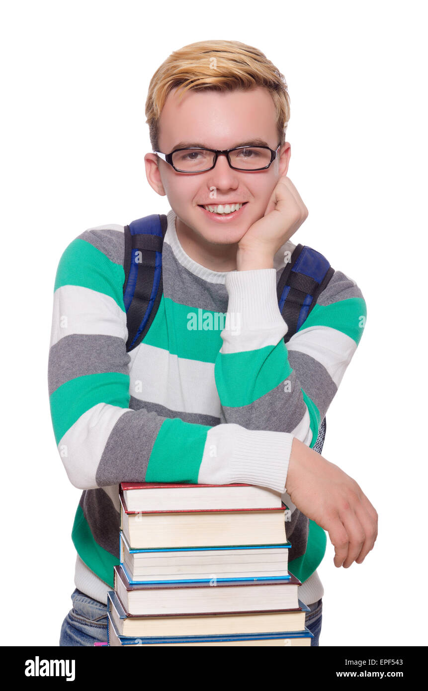 Funny student with stack of books Stock Photo - Alamy