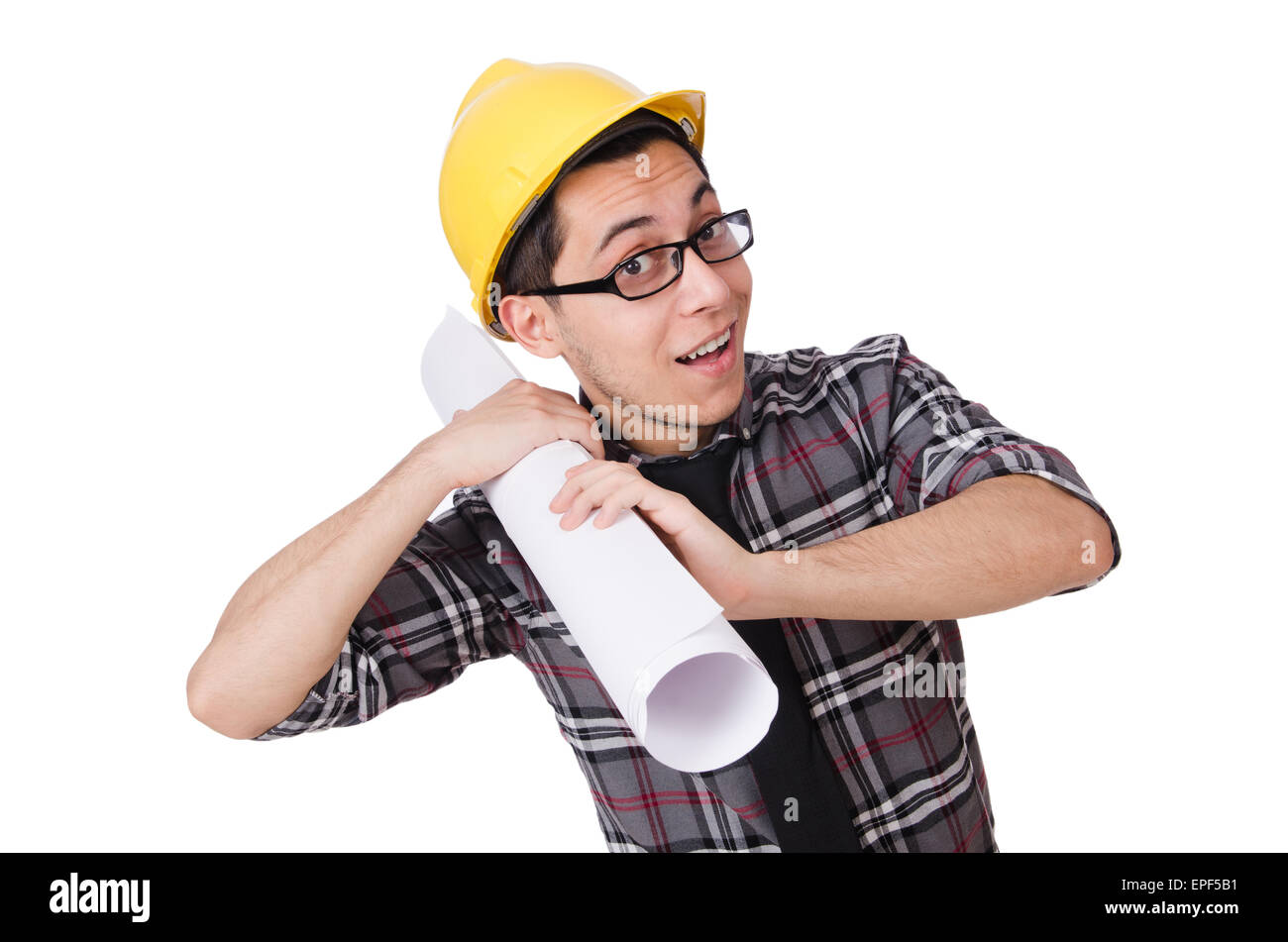 Funny man with blueprints on white Stock Photo - Alamy