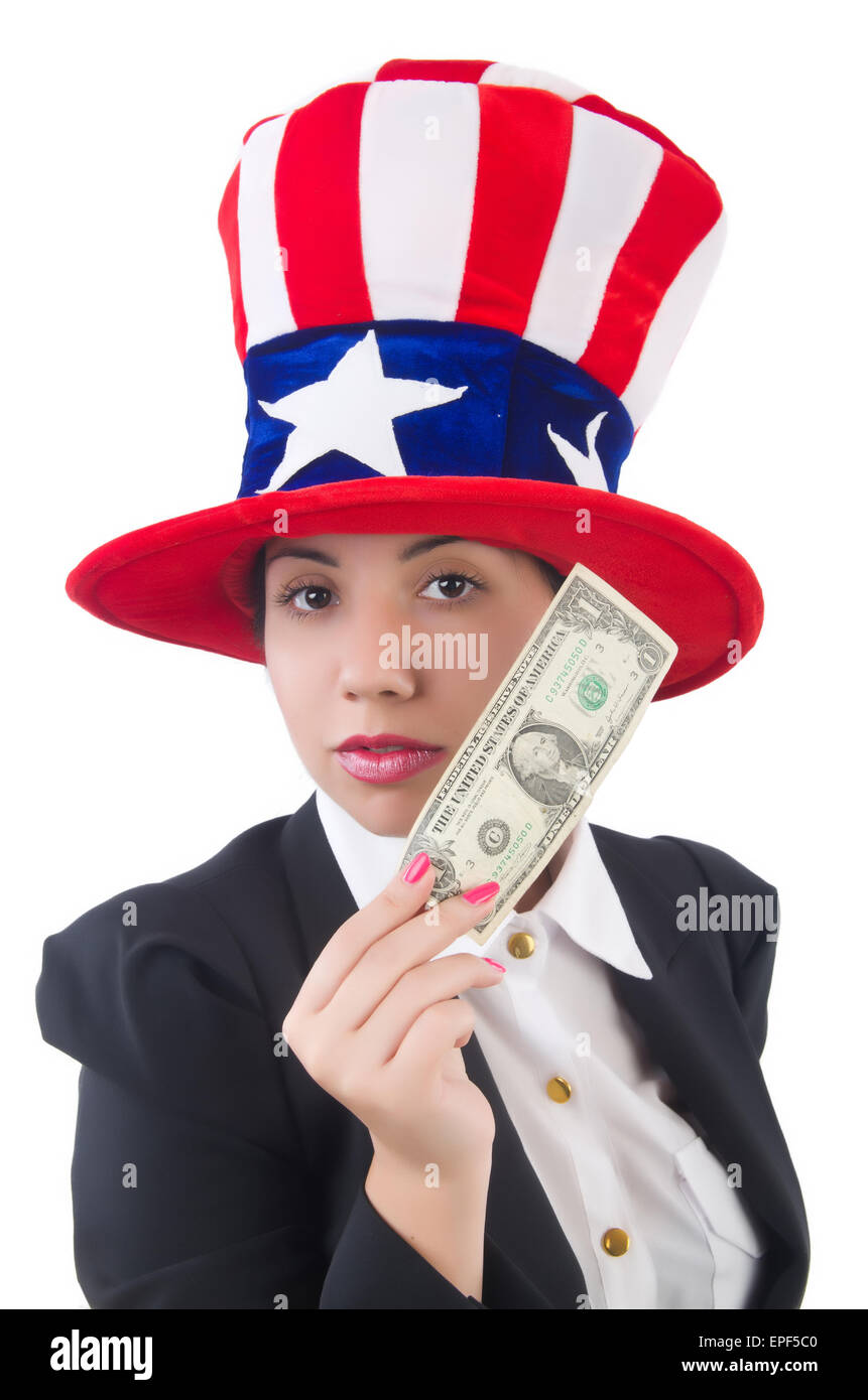 Young woman with dollar and usa hat Stock Photo - Alamy