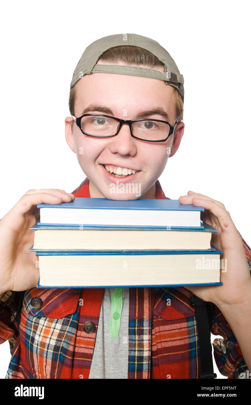 Funny student with stack of books Stock Photo - Alamy