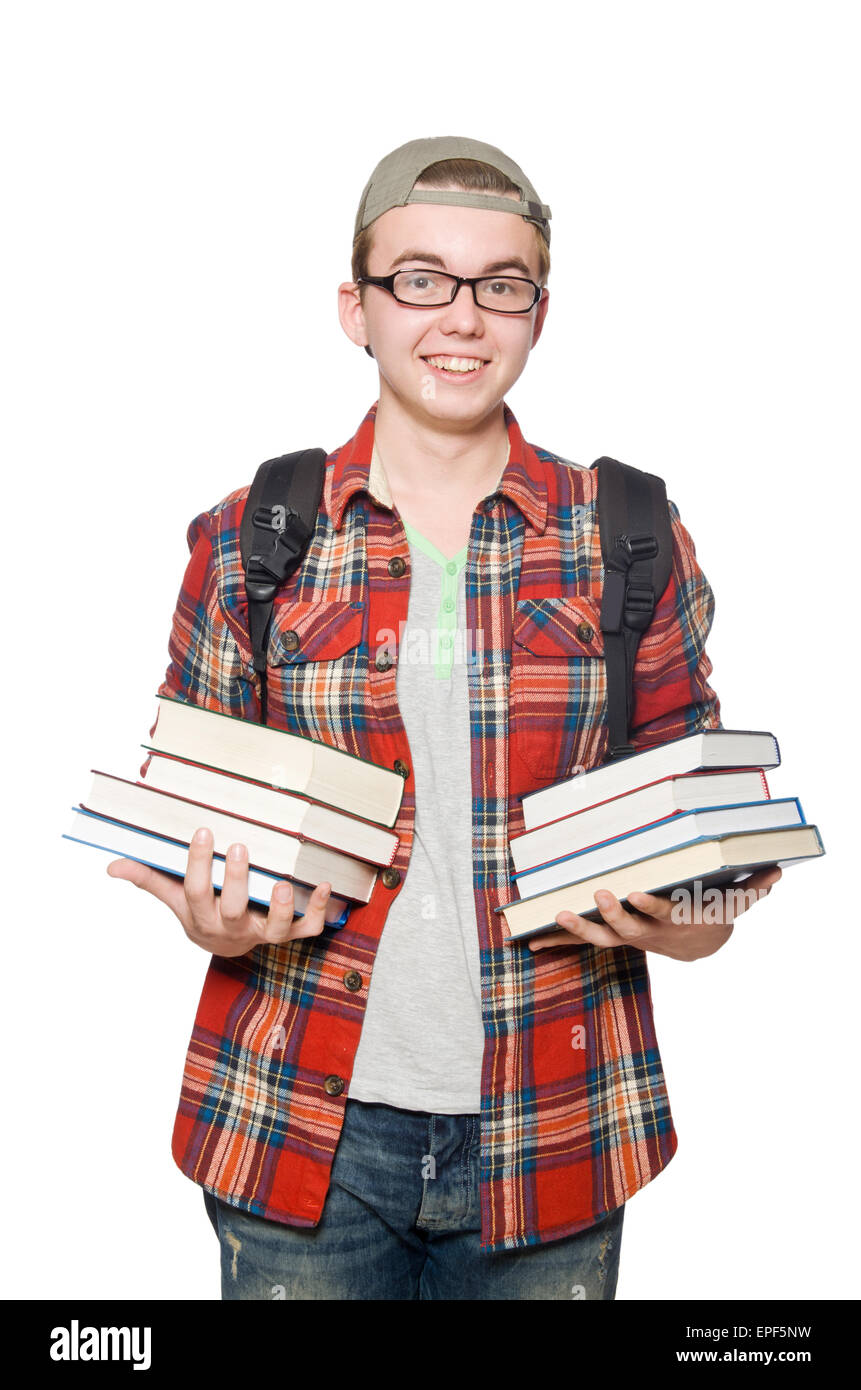 Funny student with stack of books Stock Photo - Alamy
