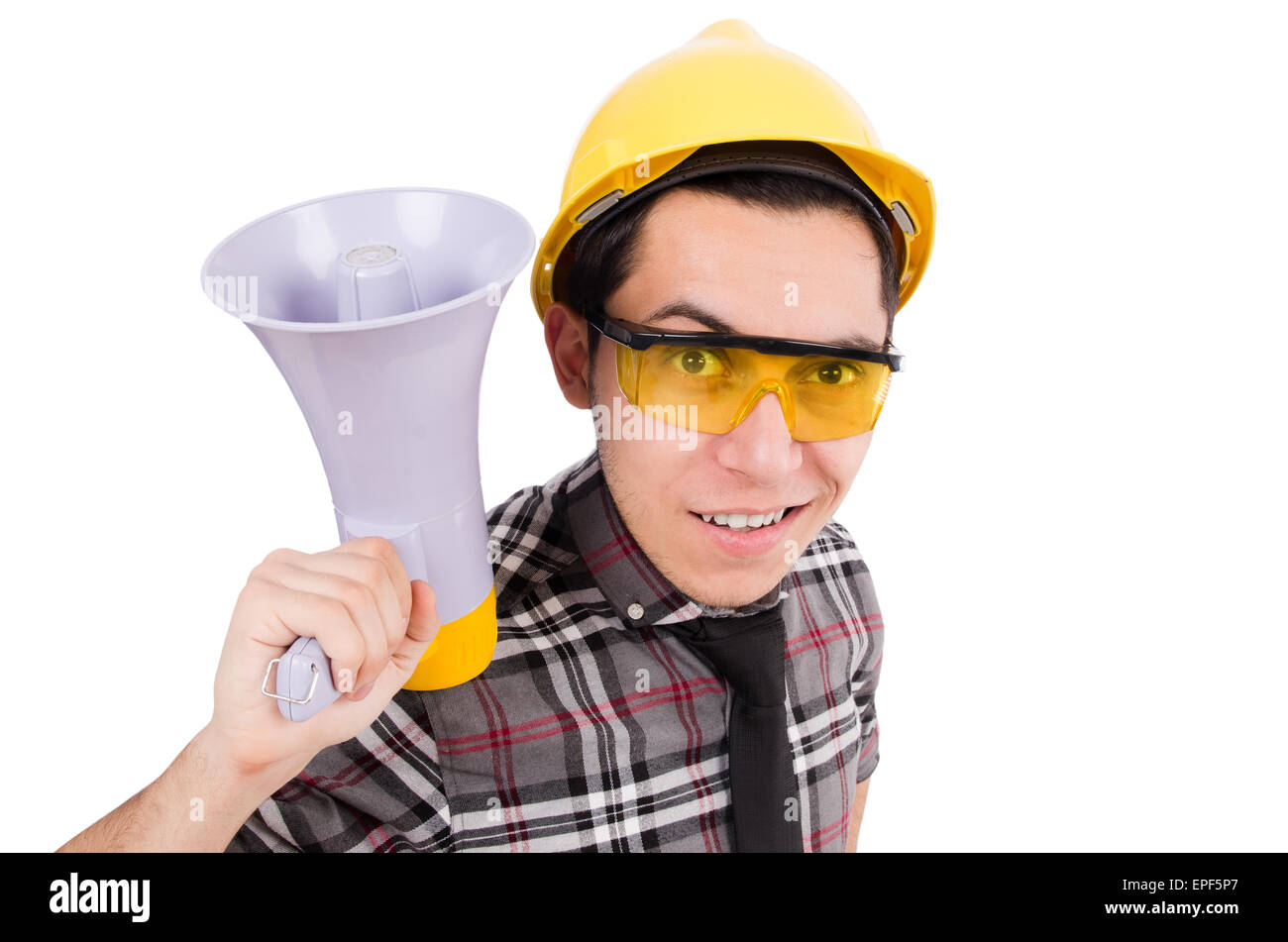 Construction supervisor shouting at megaphone Stock Photo - Alamy