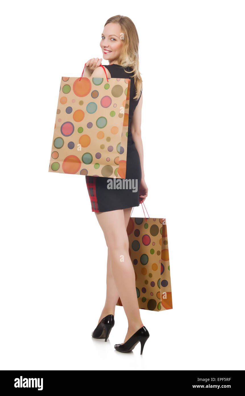 Woman after shopping spree on white Stock Photo - Alamy