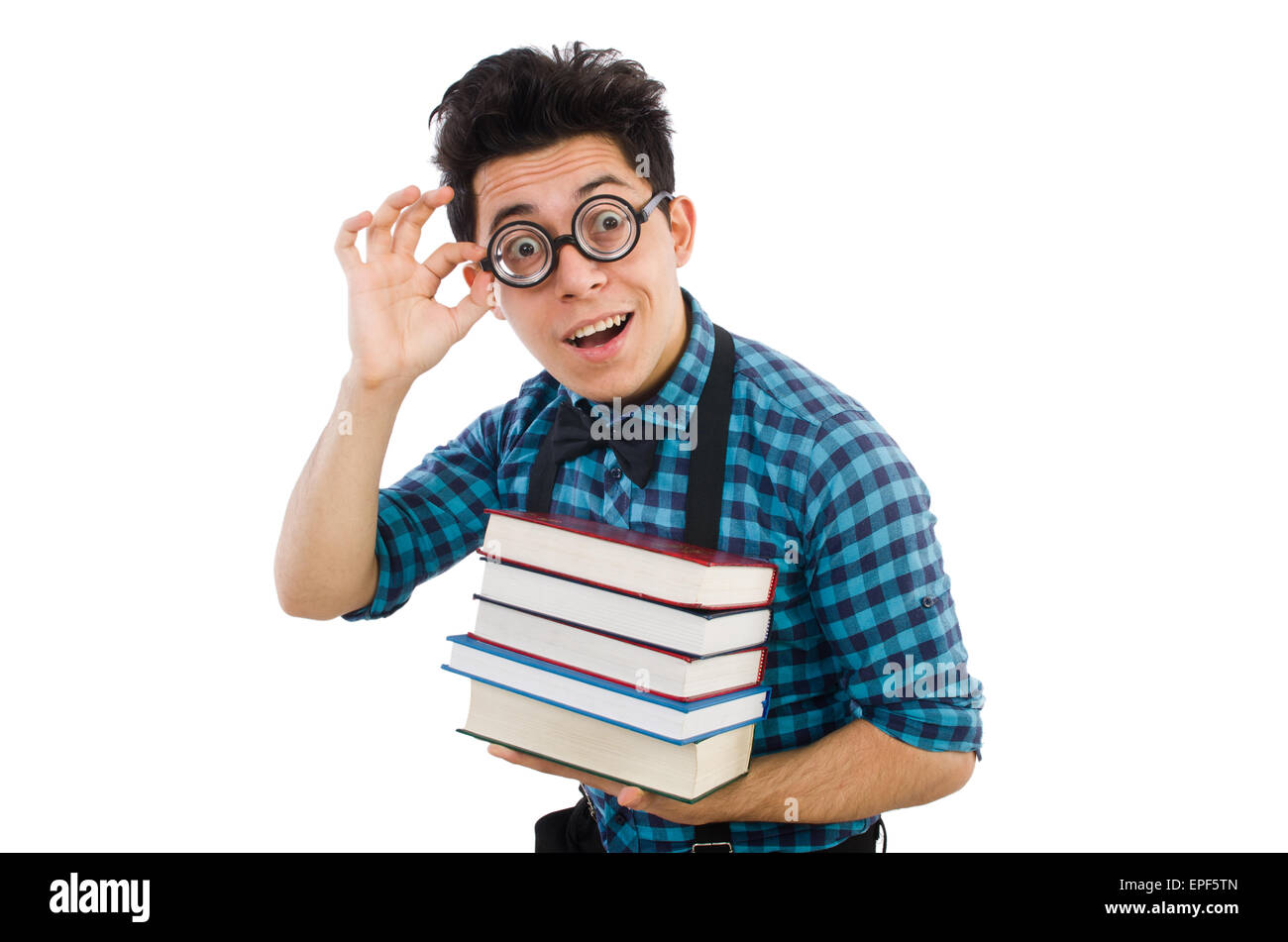 Funny student with stack of books Stock Photo - Alamy