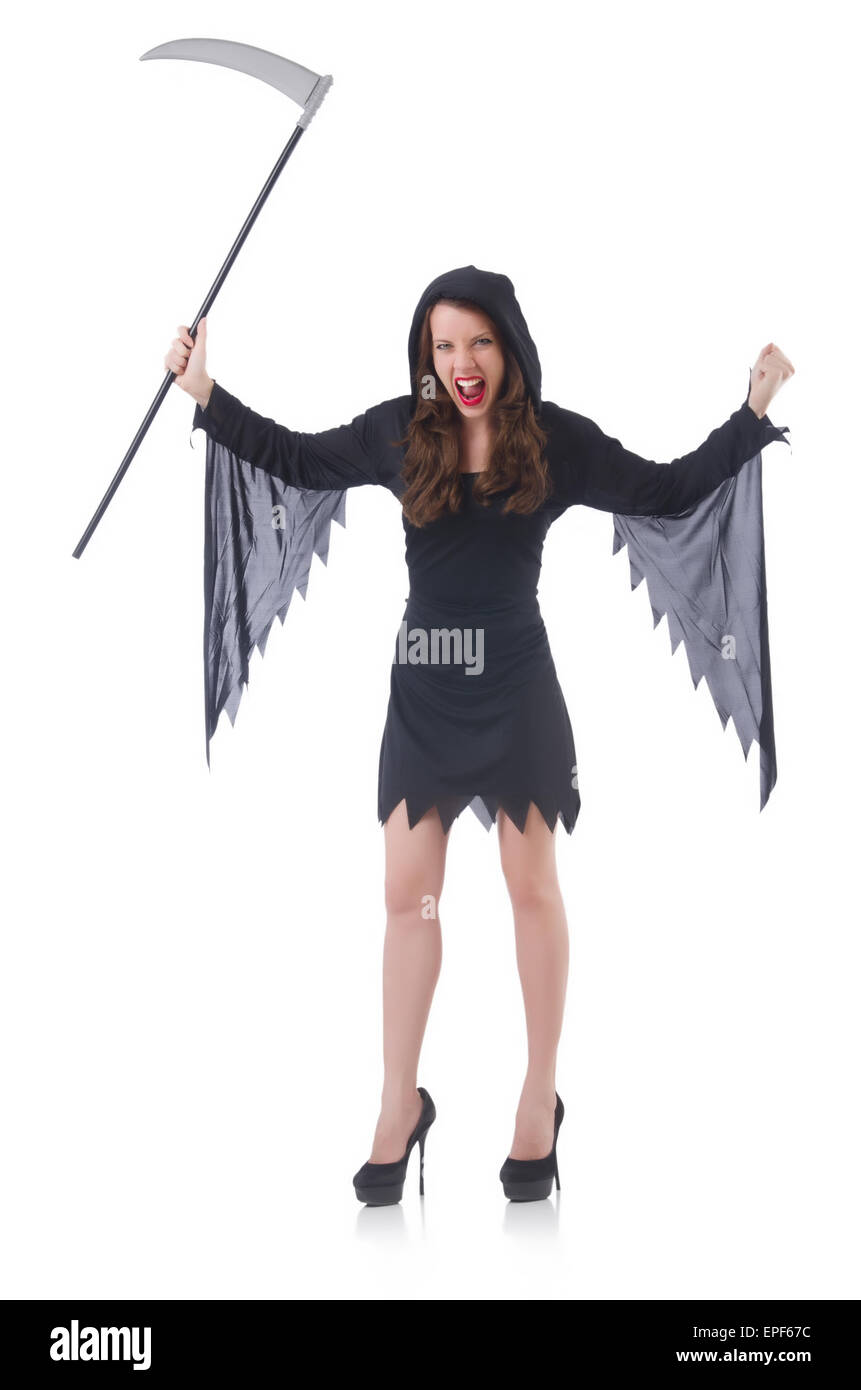 Woman in halloween concept with scythe Stock Photo - Alamy