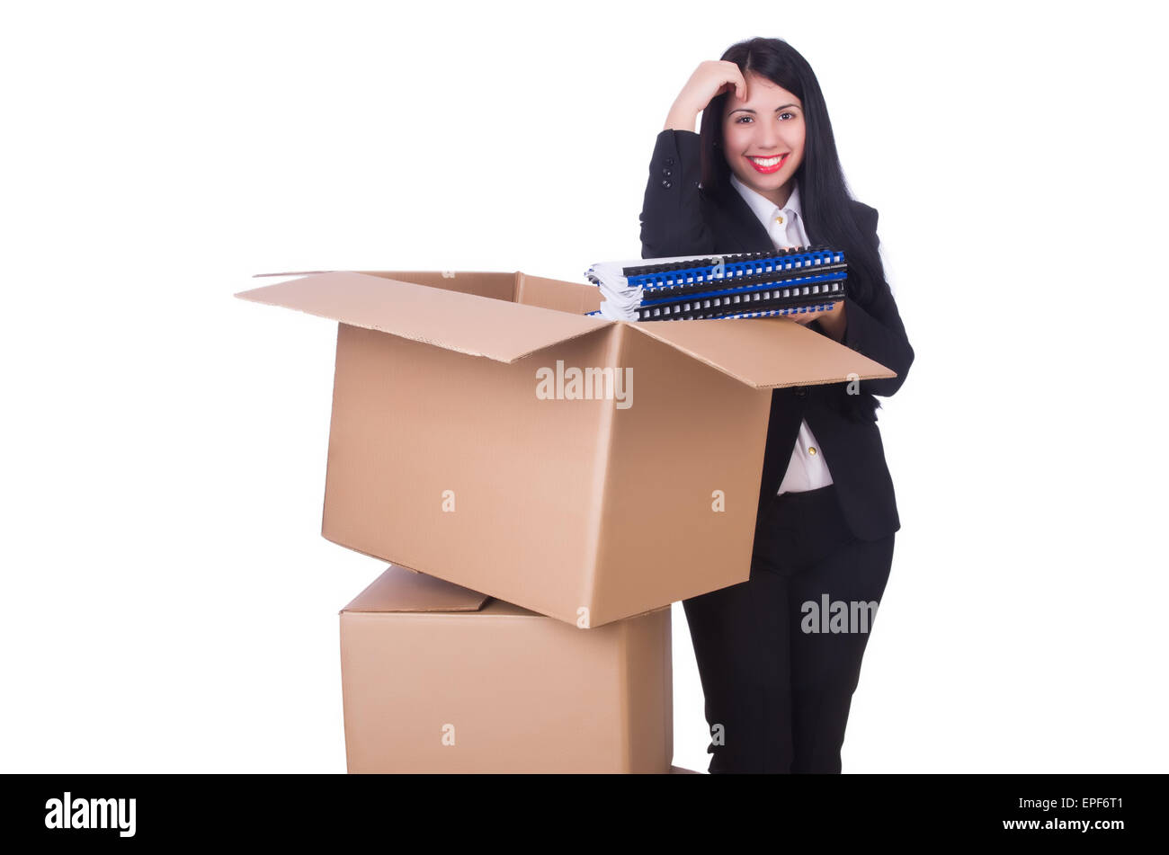 Young woman moving jobs isolated on white Stock Photo - Alamy