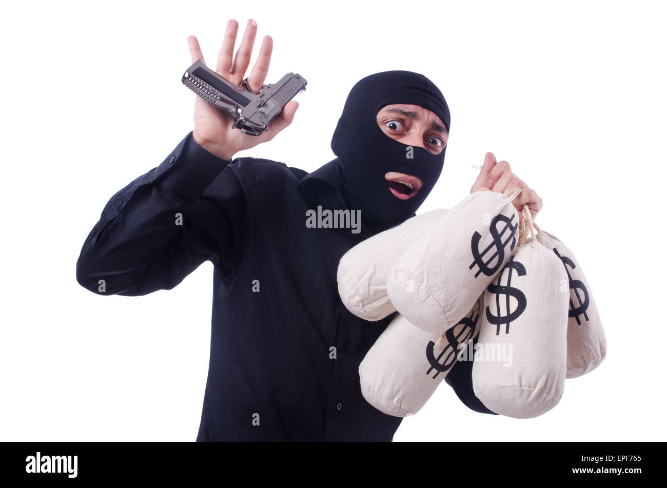 Funny criminal with gun isolated on white Stock Photo - Alamy