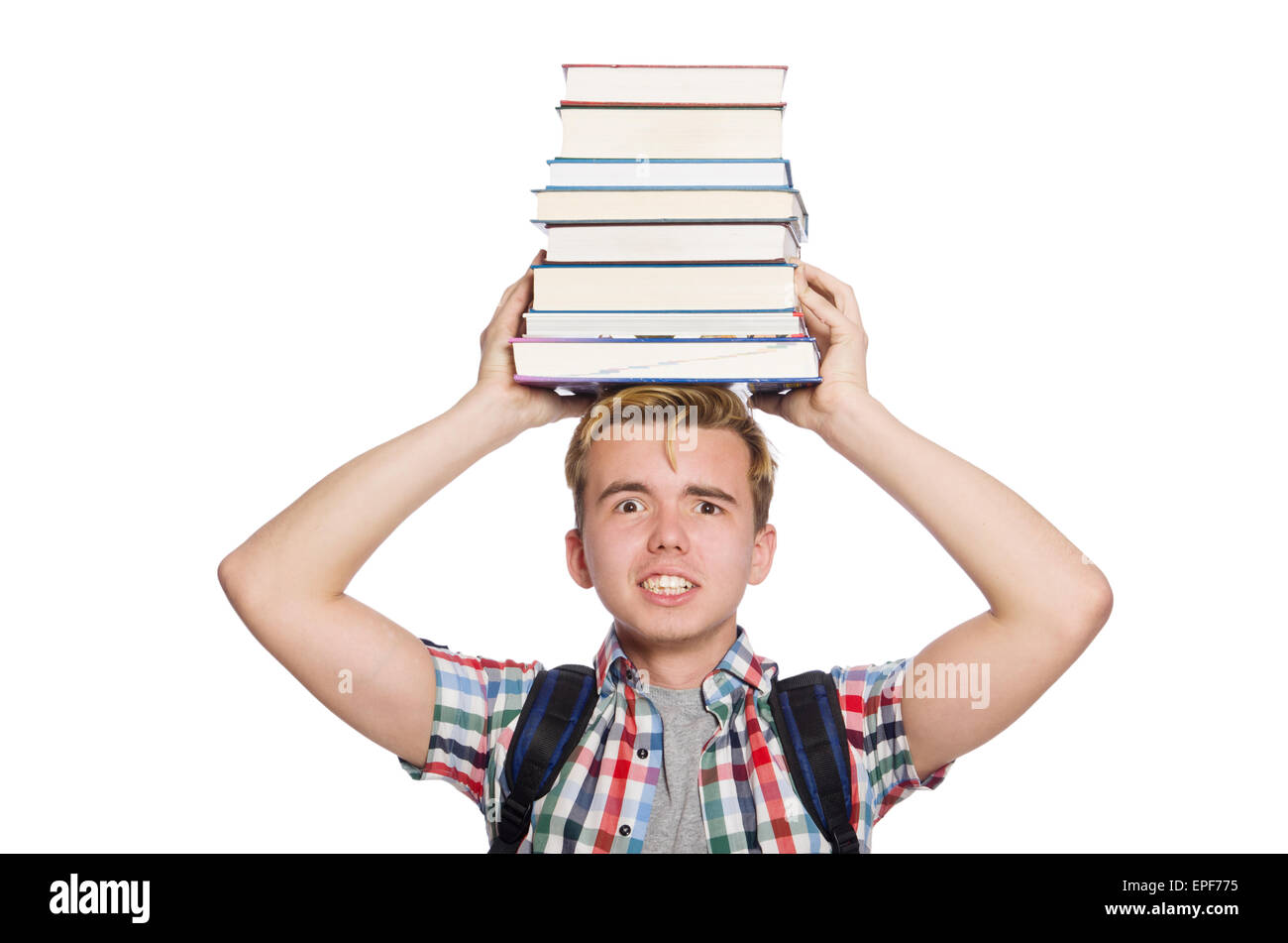 Funny student with stack of books Stock Photo - Alamy