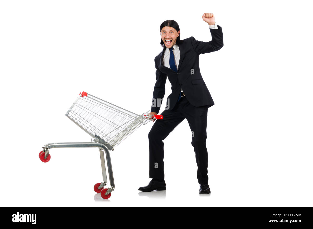 Man shopping with supermarket basket cart isolated on white Stock Photo ...