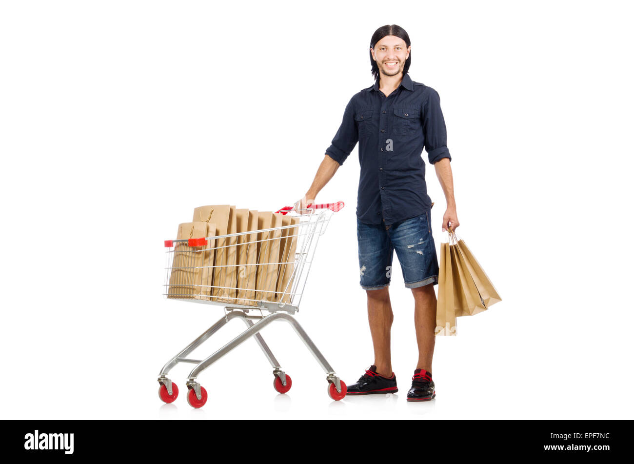 Man shopping with supermarket basket cart isolated on white Stock Photo ...