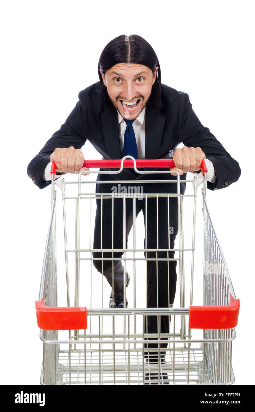 Man shopping with supermarket basket cart isolated on white Stock Photo ...