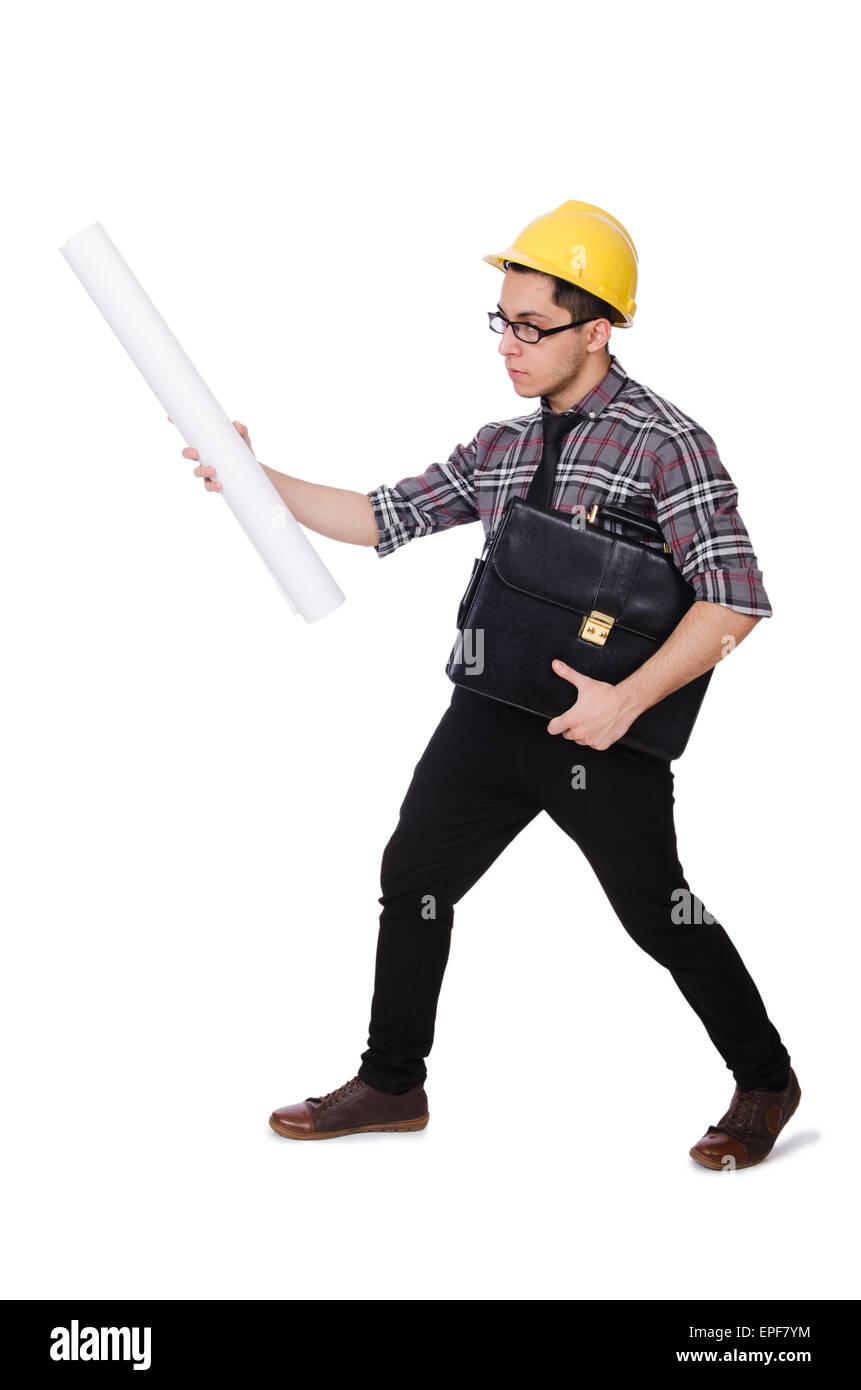 Funny man with blueprints on white Stock Photo - Alamy