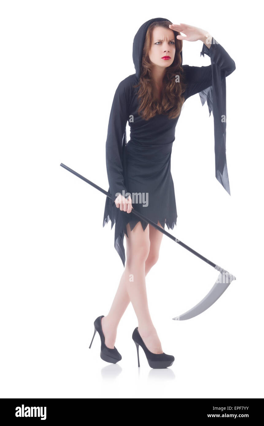 Woman in halloween concept with scythe Stock Photo - Alamy