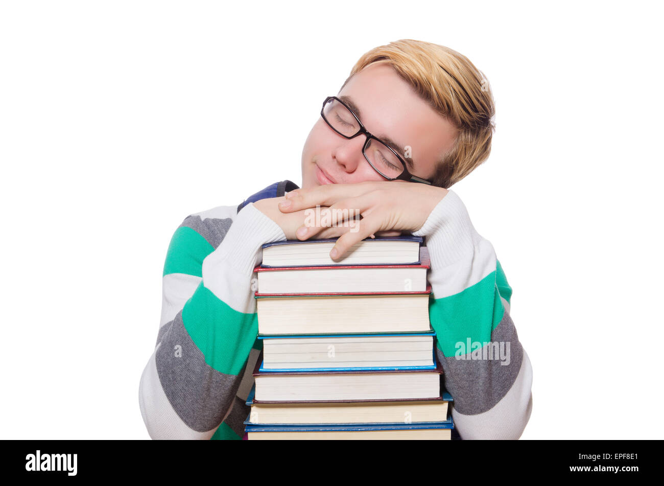 Funny student with stack of books Stock Photo - Alamy