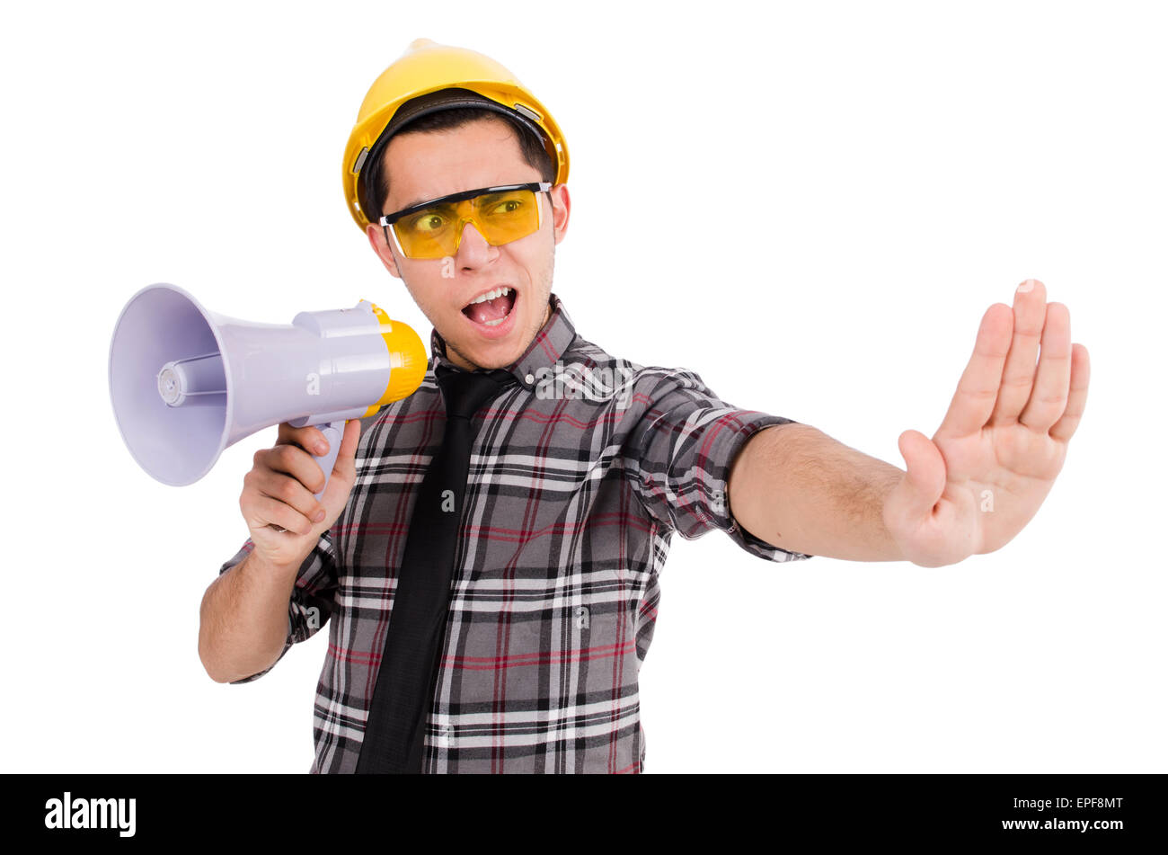 Construction supervisor shouting at megaphone Stock Photo - Alamy