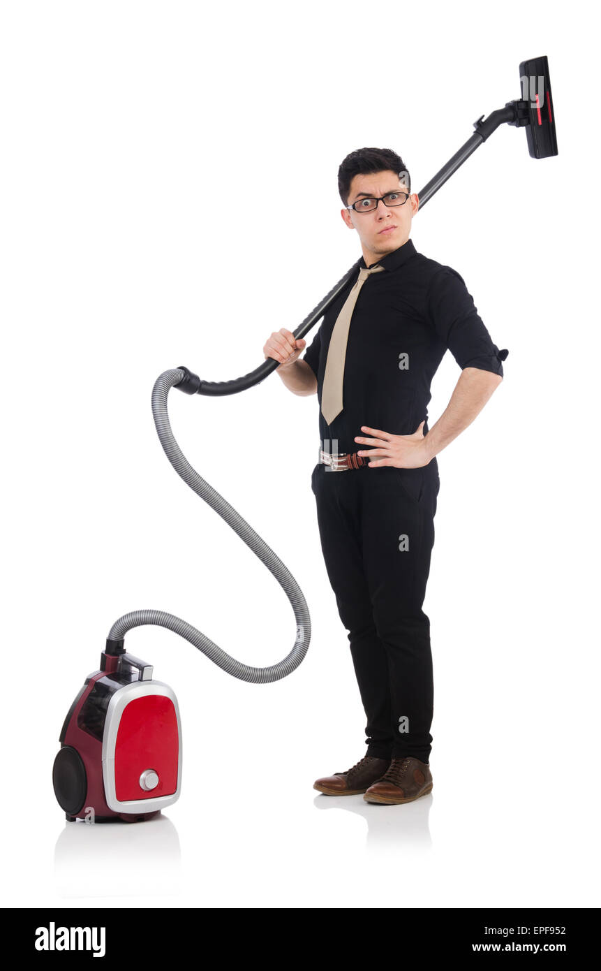 Man with vacuum cleaner isolated on white Stock Photo - Alamy