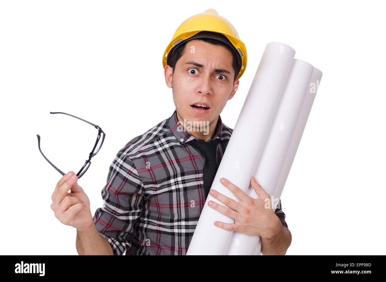 Funny man with blueprints on white Stock Photo - Alamy