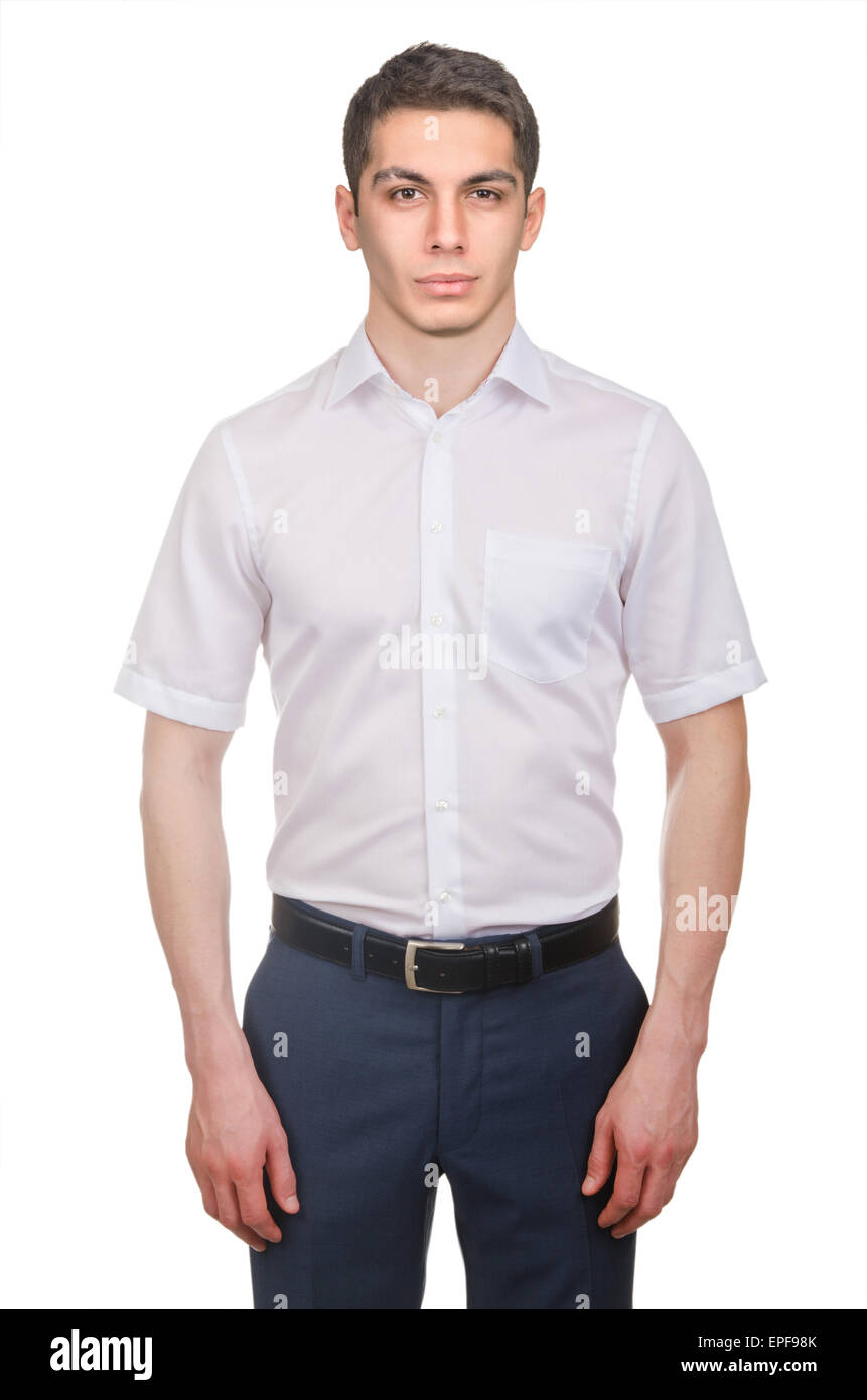 Male model with shirt isolated on white Stock Photo - Alamy
