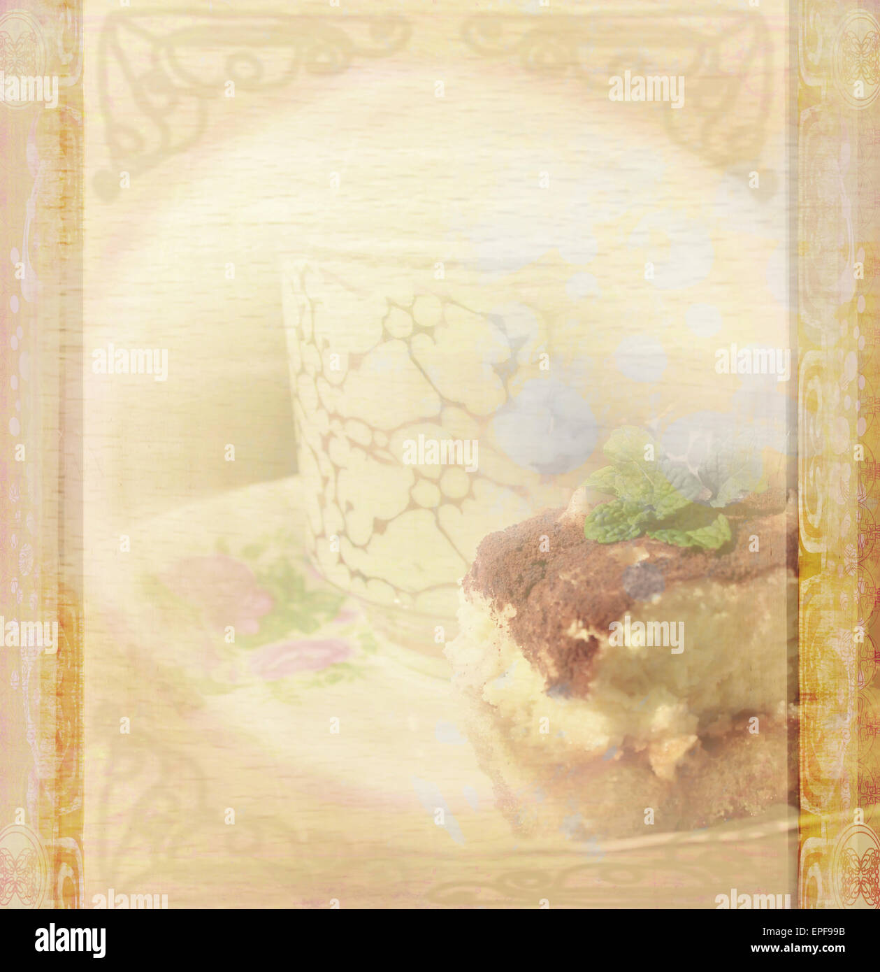 Cup of coffee and piece of cake tiramisu, vintage card Stock Photo - Alamy