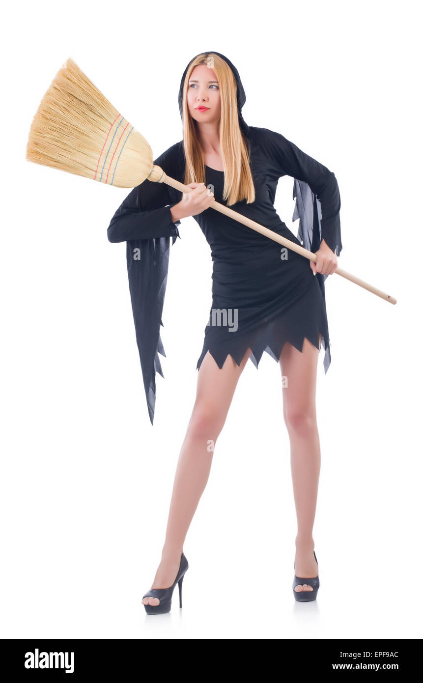 Woman with broom on white Stock Photo - Alamy