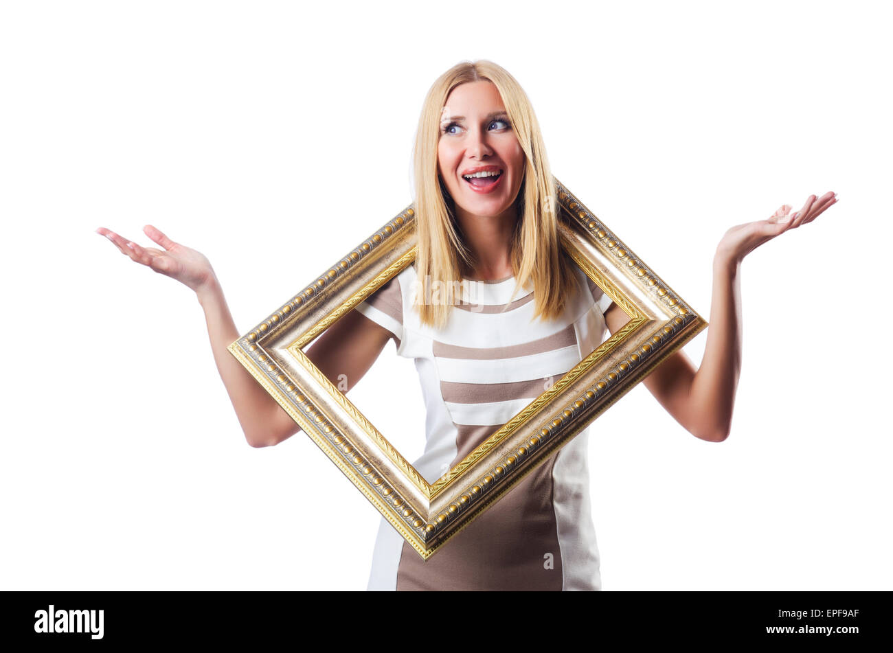 Woman with picture frame on white Stock Photo - Alamy