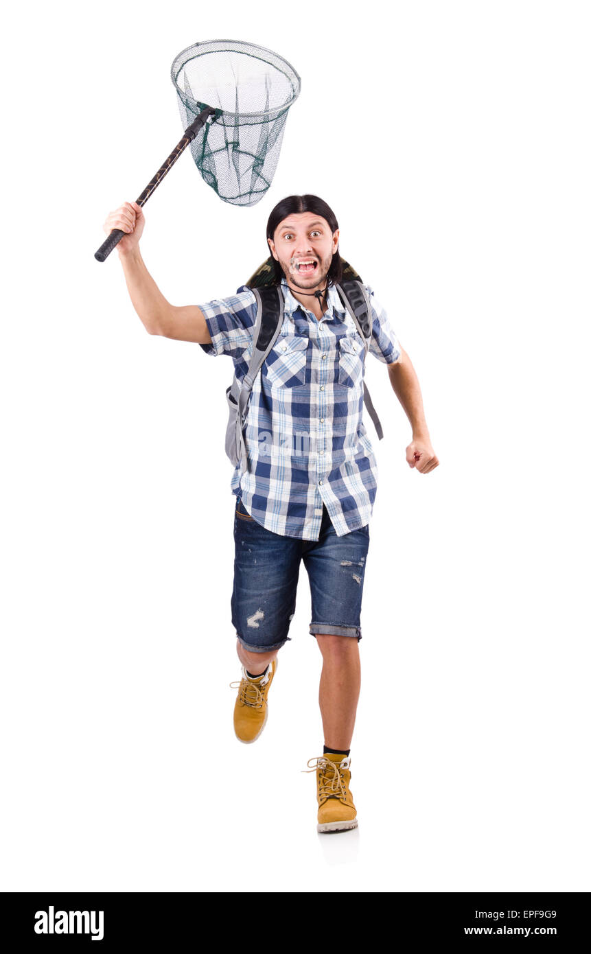 Man with catching net isolated on white Stock Photo - Alamy