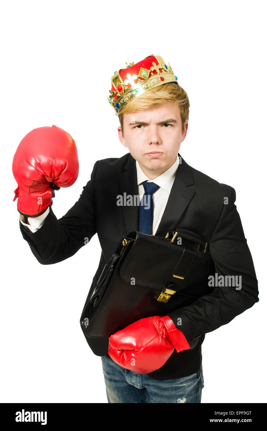 Funny businessman with crown and boxing gloves Stock Photo - Alamy