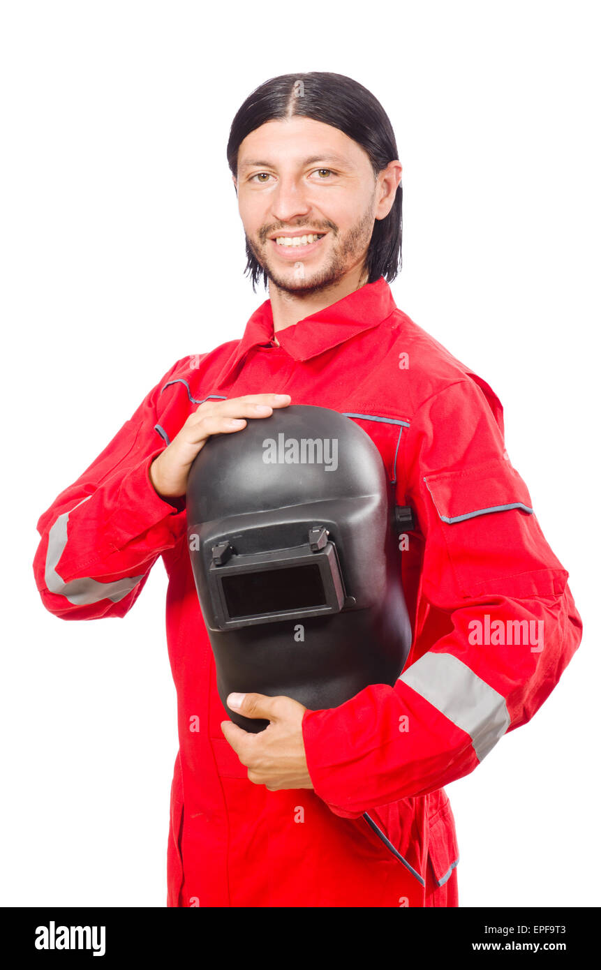 Welder in red overalls isolated on white Stock Photo - Alamy