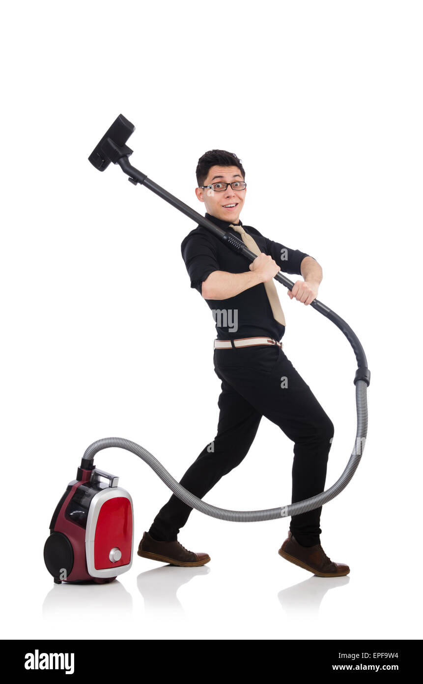 Man with vacuum cleaner isolated on white Stock Photo - Alamy