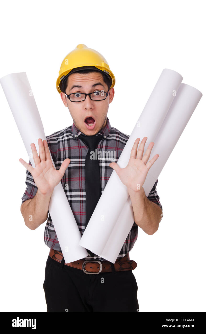 Funny man with blueprints on white Stock Photo - Alamy