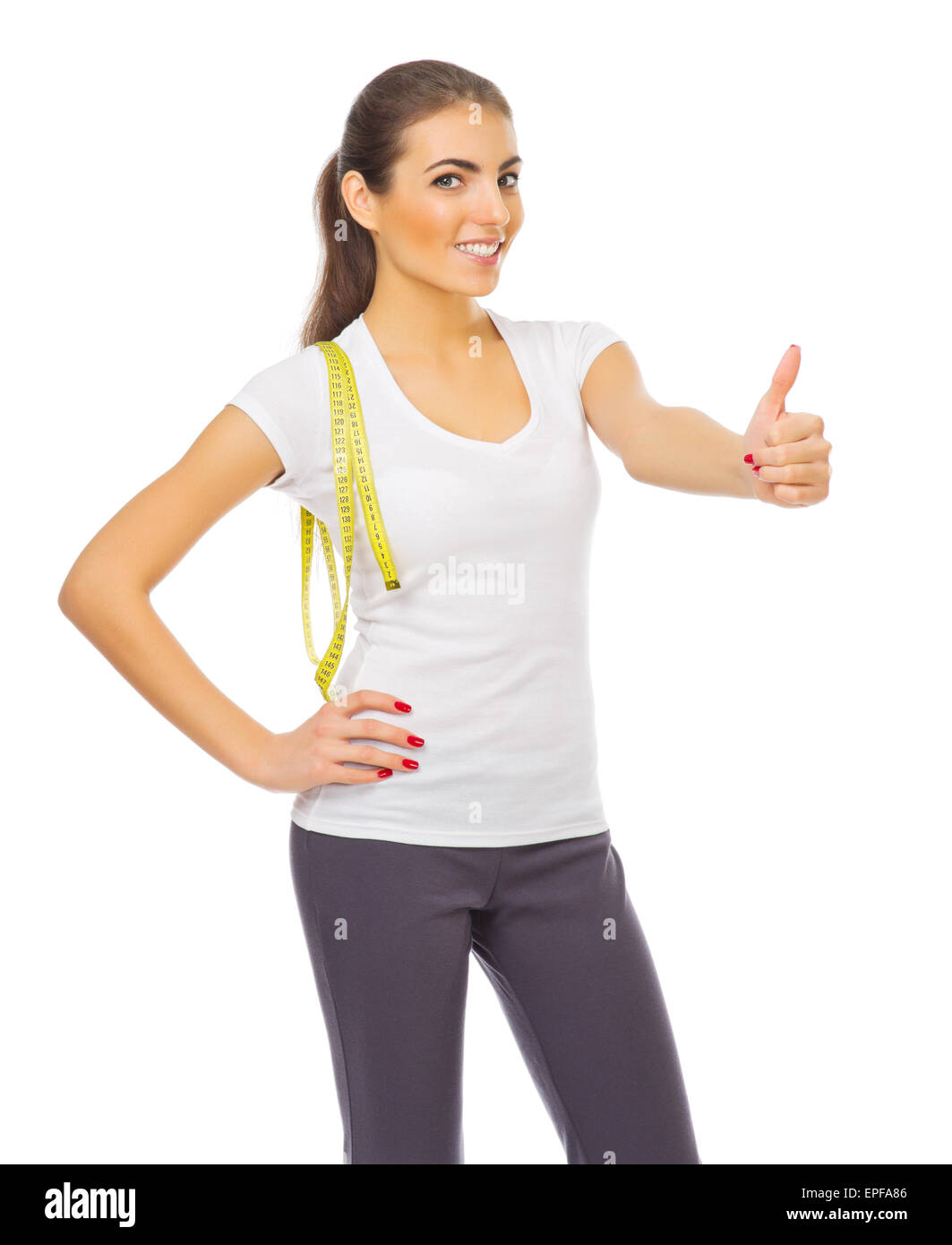 Young girl with measurement tape isolated Stock Photo - Alamy