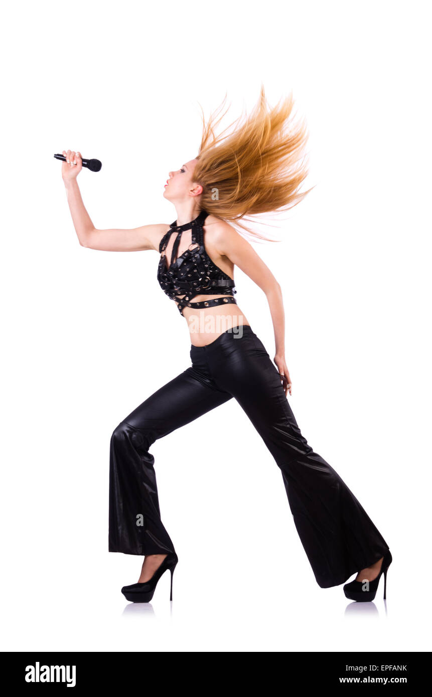 Woman in leather suit singing isolated on white Stock Photo - Alamy