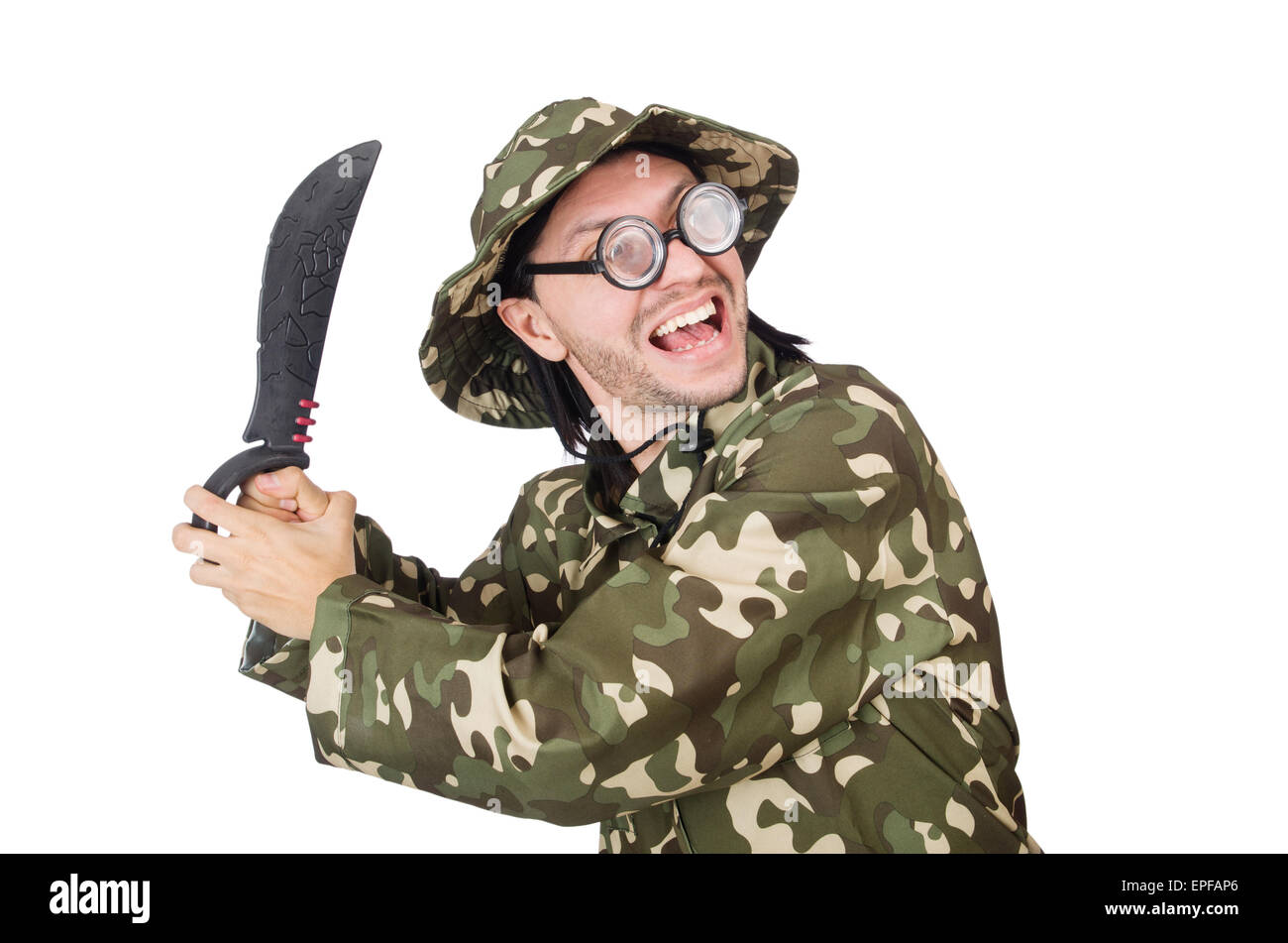 Funny soldier with knife on white Stock Photo - Alamy