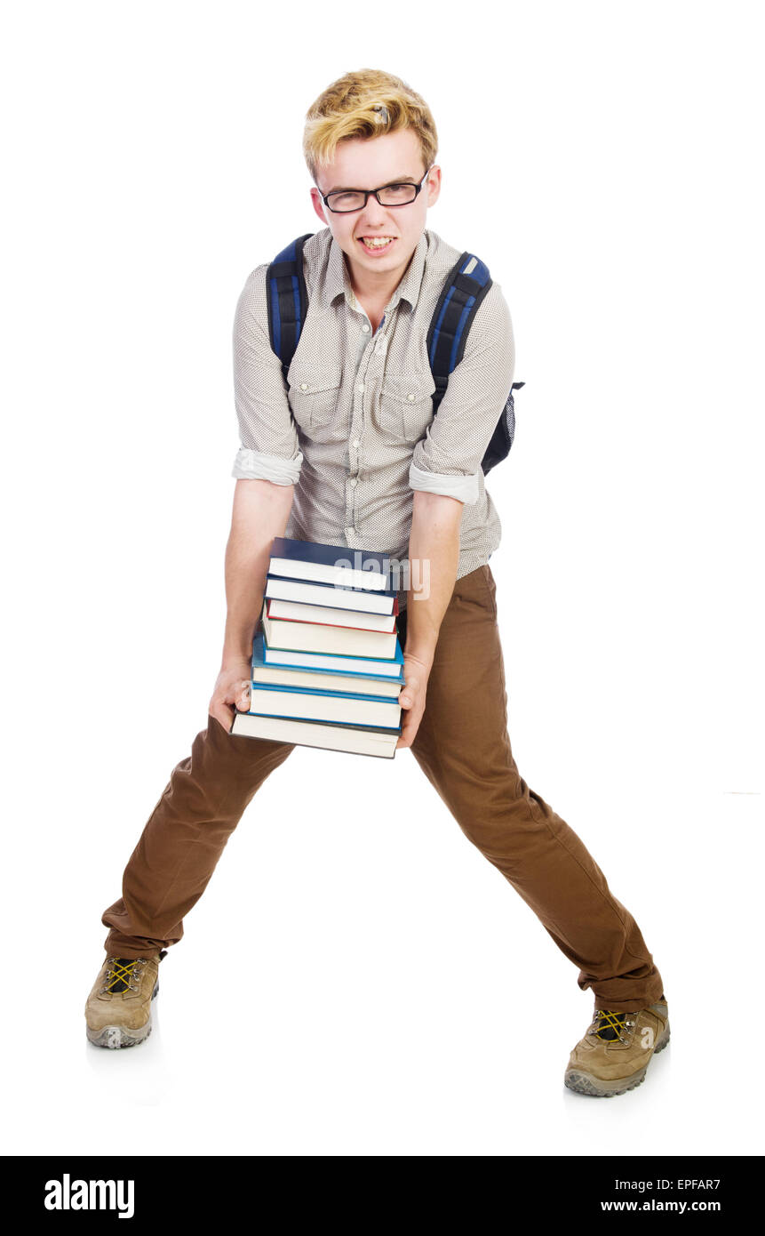 Funny student with stack of books Stock Photo - Alamy