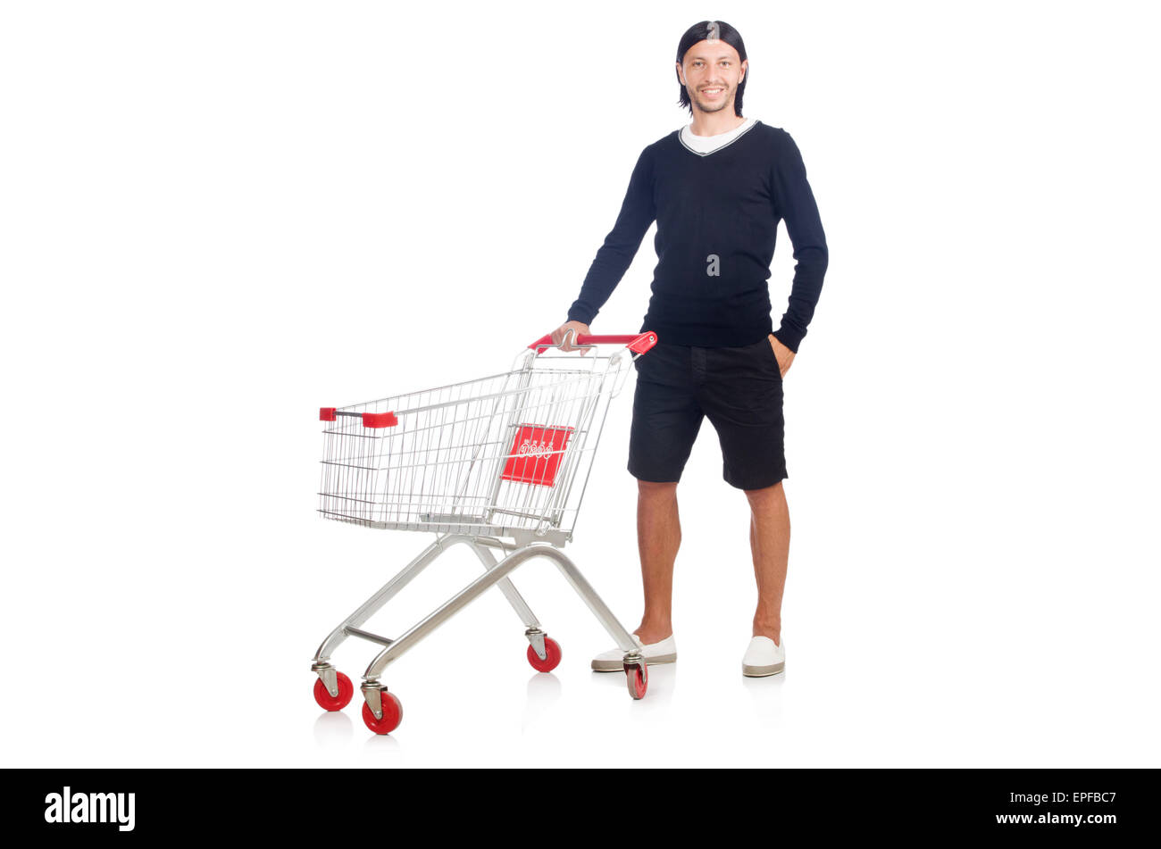 Man shopping with supermarket basket cart isolated on white Stock Photo ...