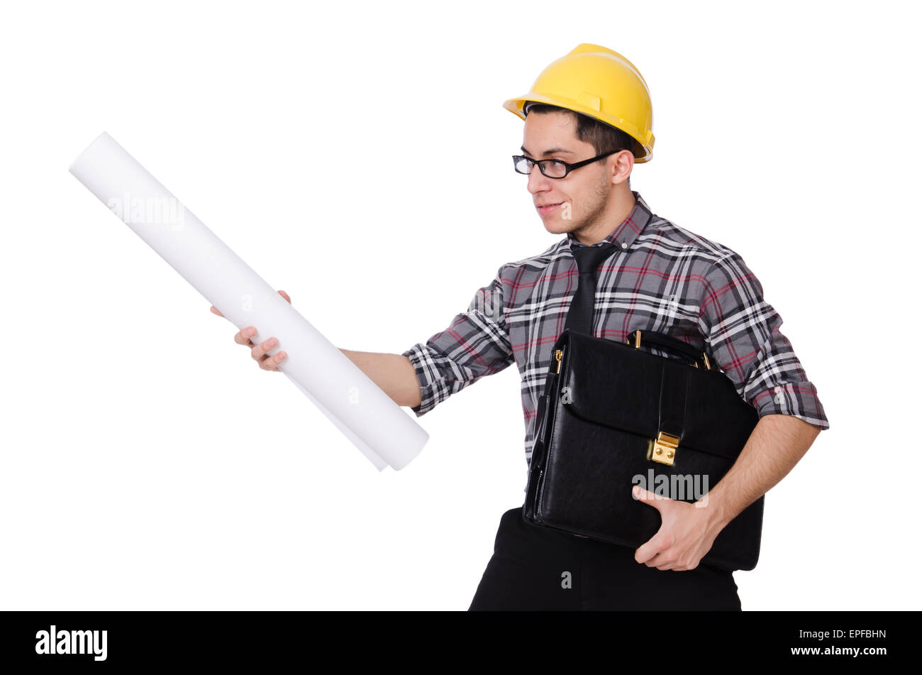 Funny man with blueprints on white Stock Photo - Alamy