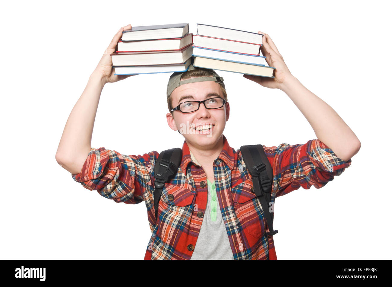 Funny student with stack of books Stock Photo - Alamy