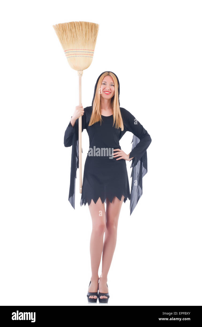 Woman with broom on white Stock Photo - Alamy