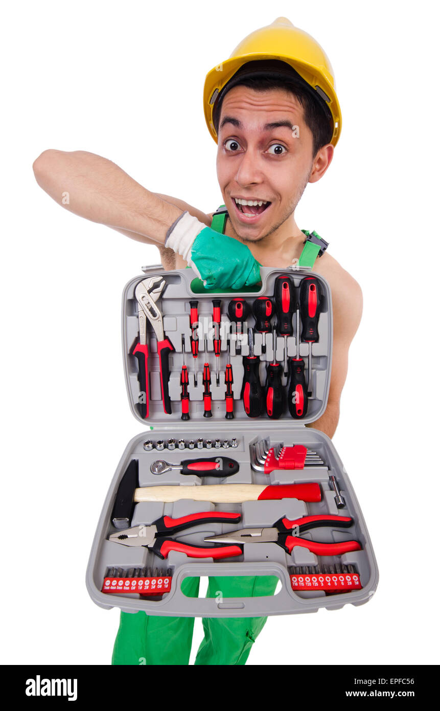 Man with toolkit isolated on the white Stock Photo - Alamy