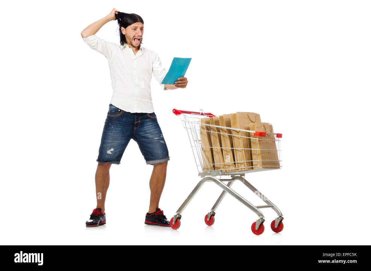 Man shopping with supermarket basket cart isolated on white Stock Photo ...