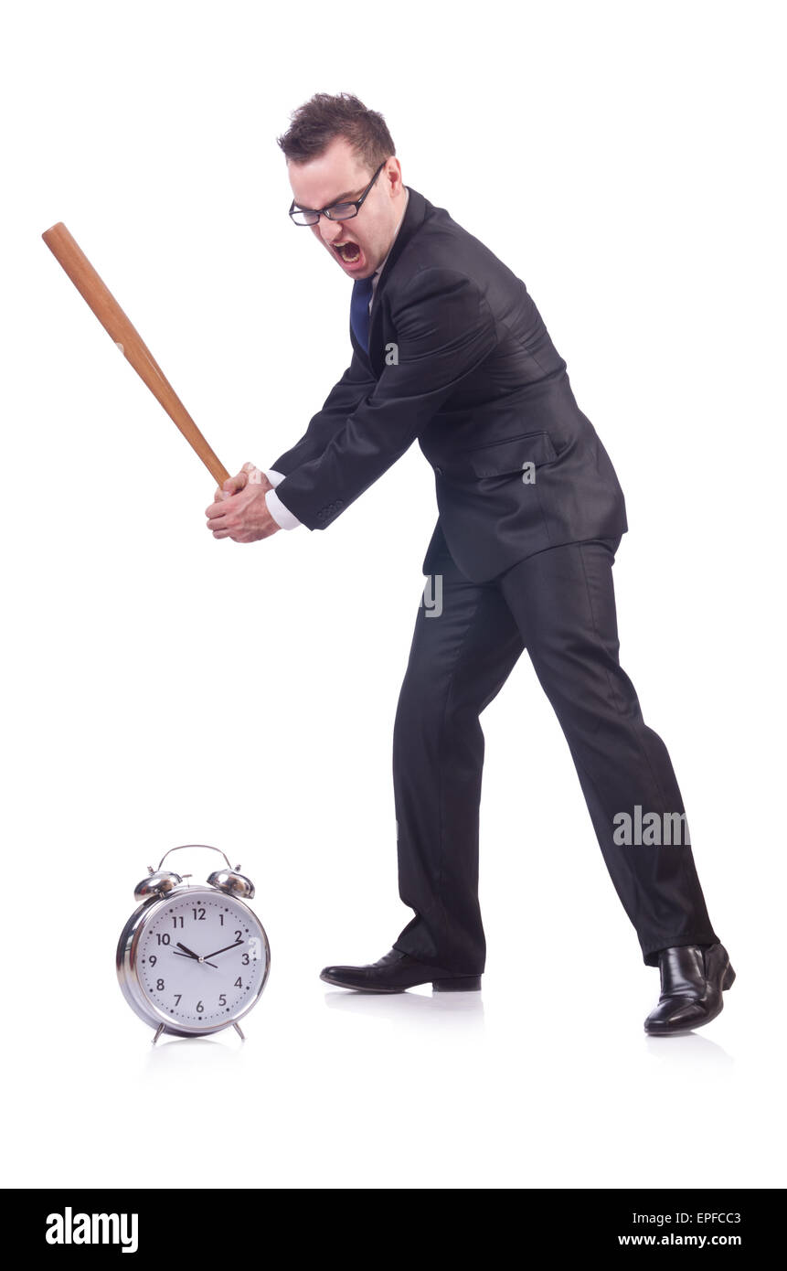 Man hitting the clock with baseball bat isolated on the white Stock ...